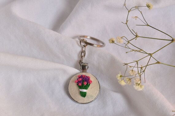 Flower Bouquet Embroidery Keychain - Etsy