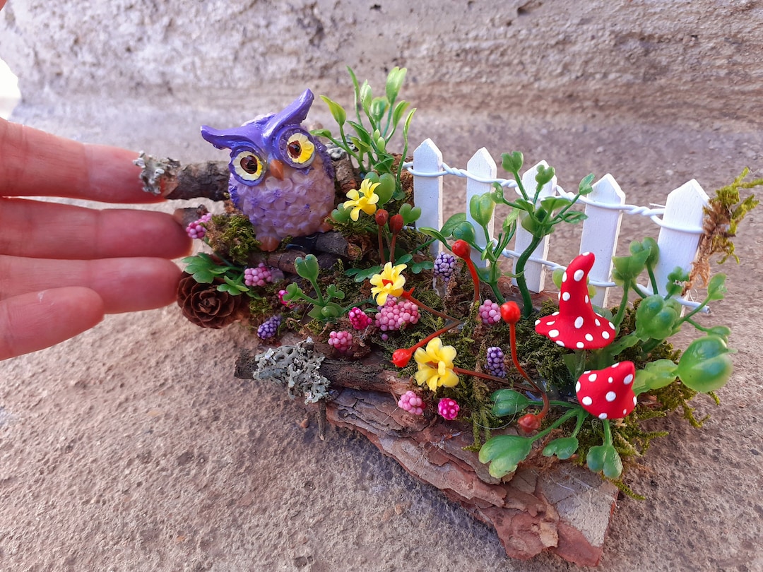 Fairy Fence With Owl, Dollhouse Fence, Fairy Flowers, Clay Mushrooms ...