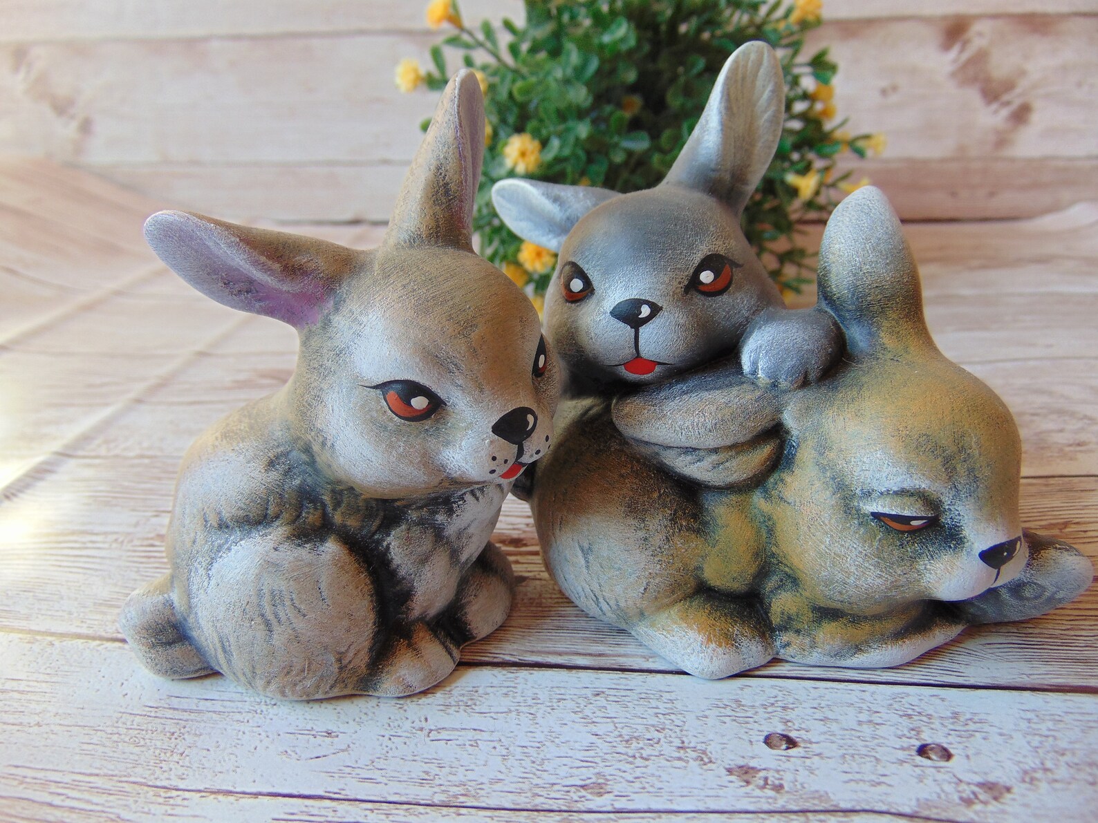 Set of 3 Bunnies Ceramic Bunny Figurines Bunnies Garden | Etsy