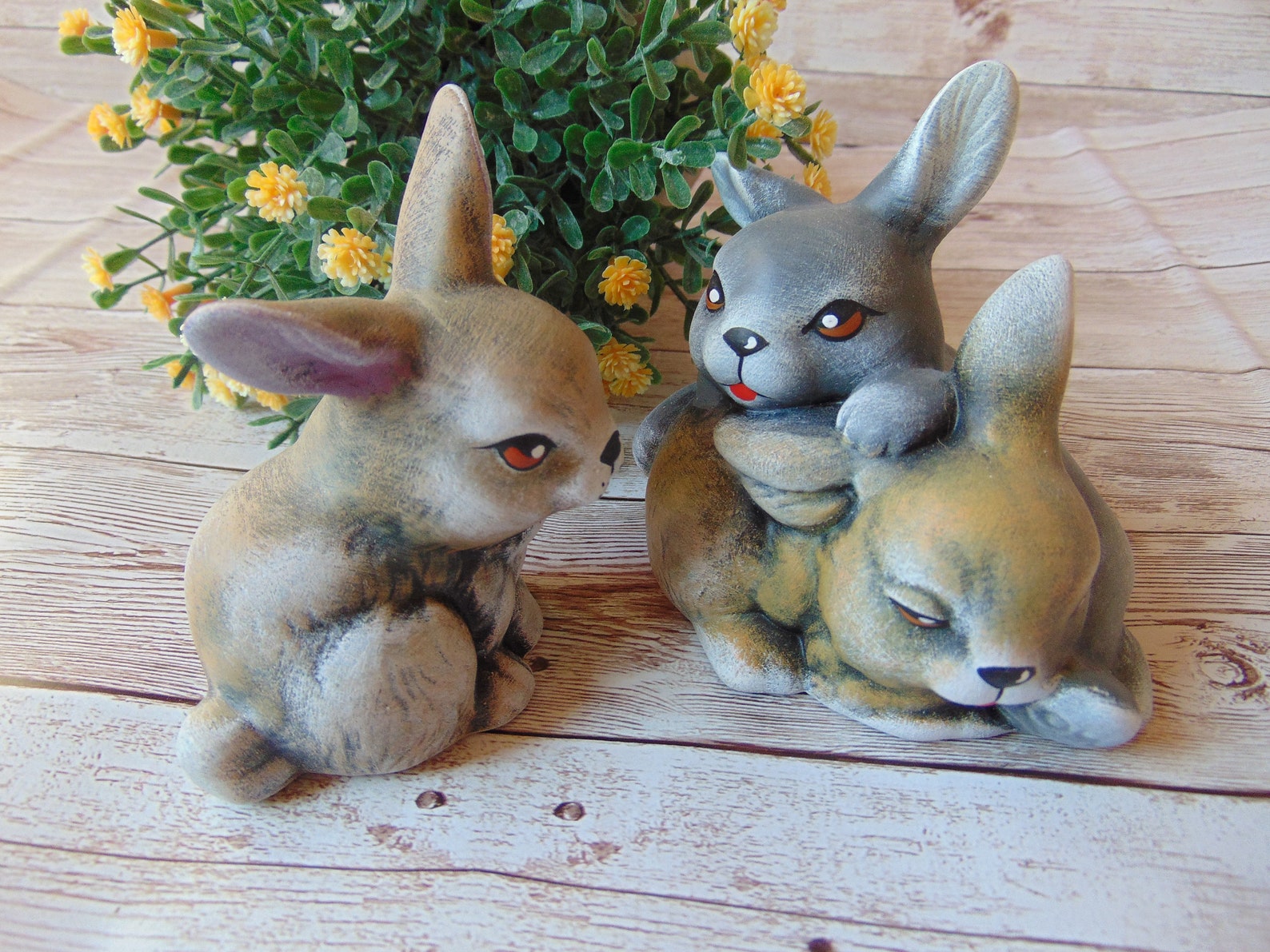 Set of 3 Bunnies Ceramic Bunny Figurines Bunnies Garden | Etsy