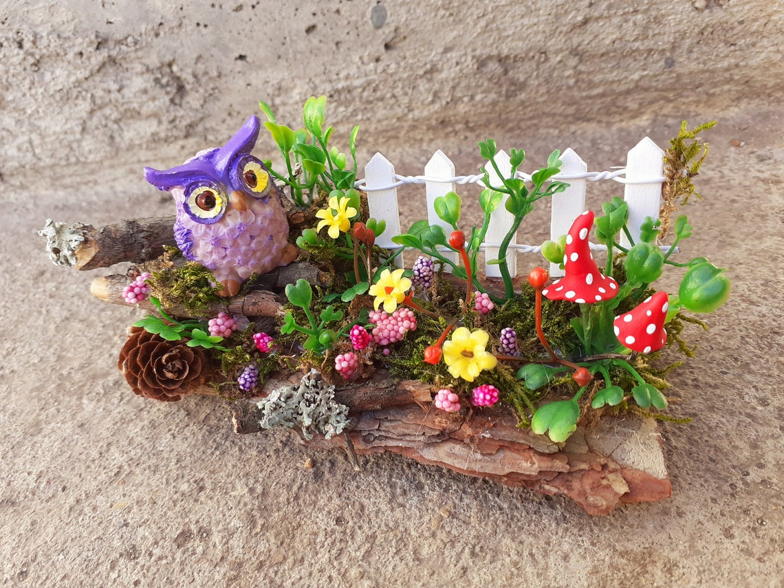 Fairy Fence With Owl Dollhouse Fence Fairy Flowers Clay - Etsy