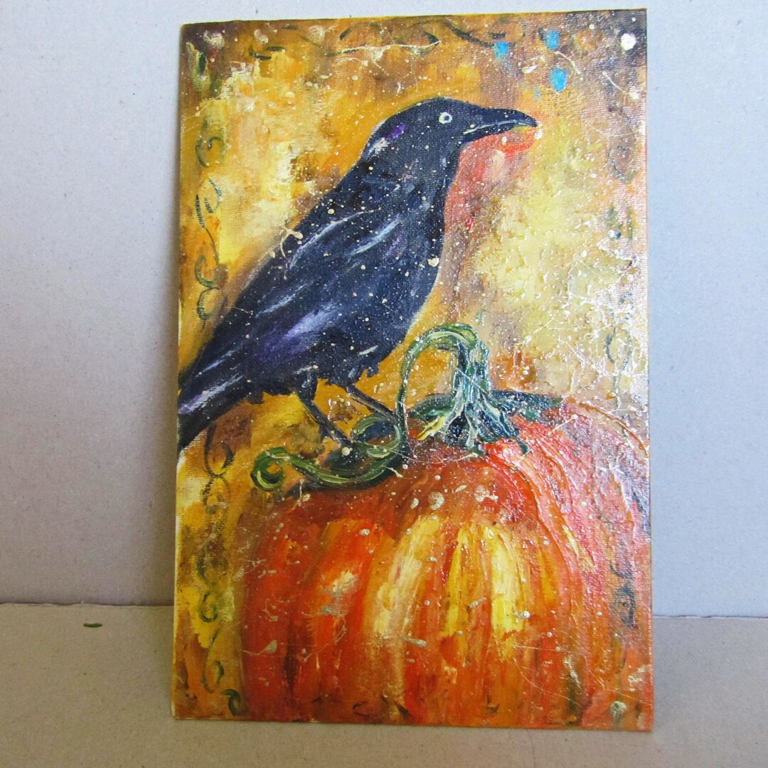 Black Raven Original Oil Painting Black Raven for Halloween Black Raven ...