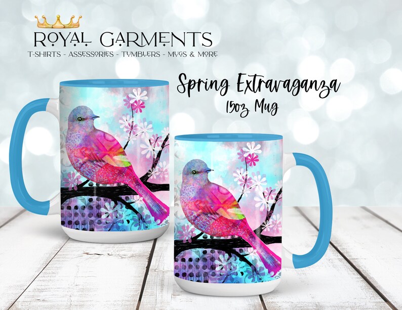 SPRING EXTRAVAGANZA 15oz Ceramic Mug Black, Blue, or White Colored Handle and Inside to Match ...