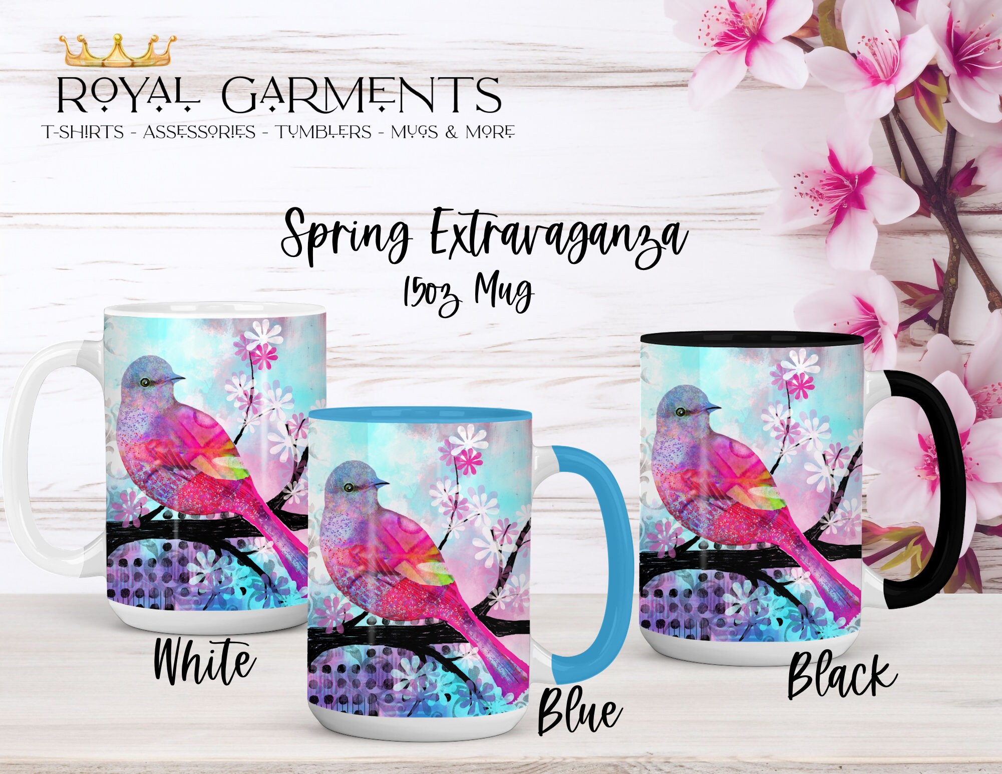 SPRING EXTRAVAGANZA 15oz Ceramic Mug Black, Blue, or White Colored Handle and Inside to Match ...