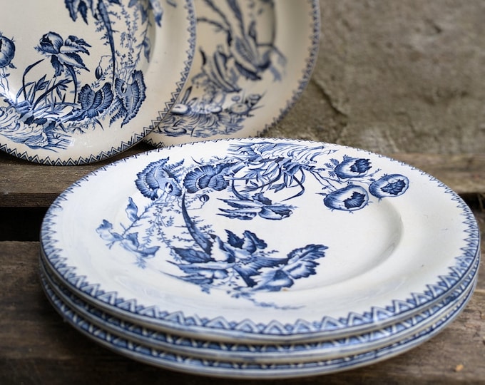 6 Antique Blue and White French Plates, Model Indiana, 19th Century ...