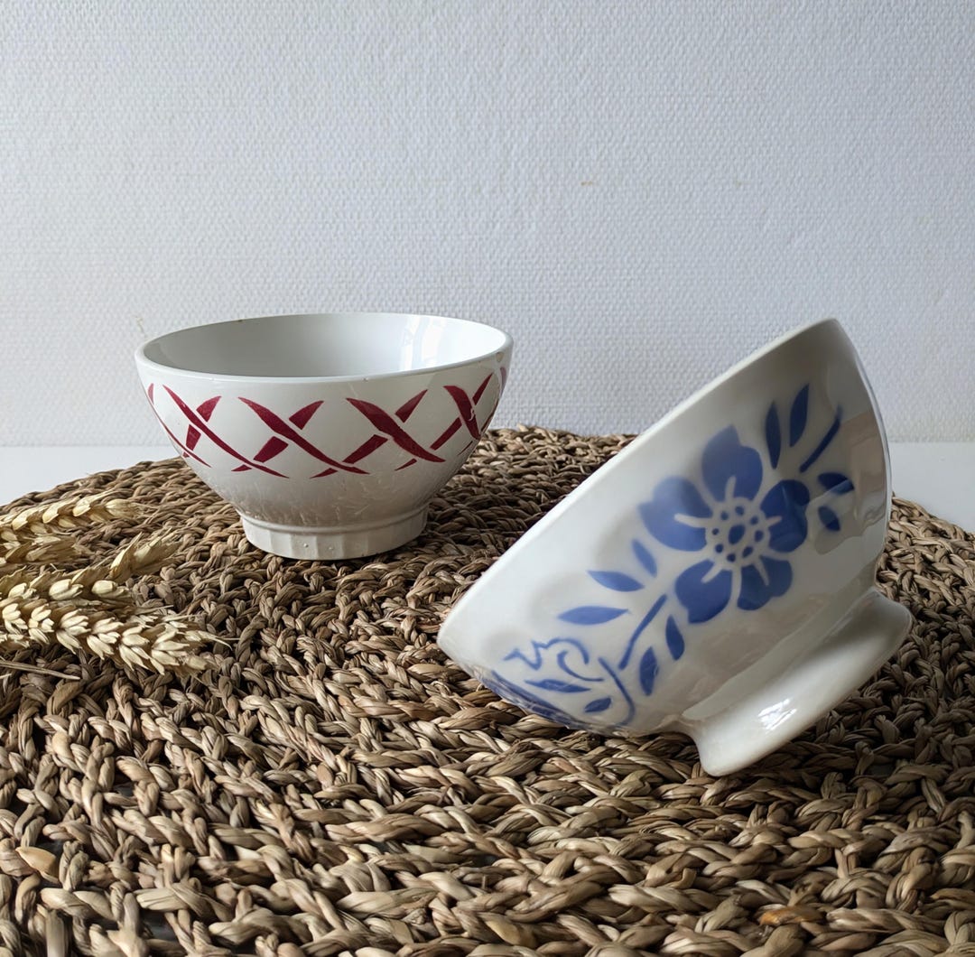 A Pair of French Breakfast Bowls From 1950s, Stencil, Floral Print ...