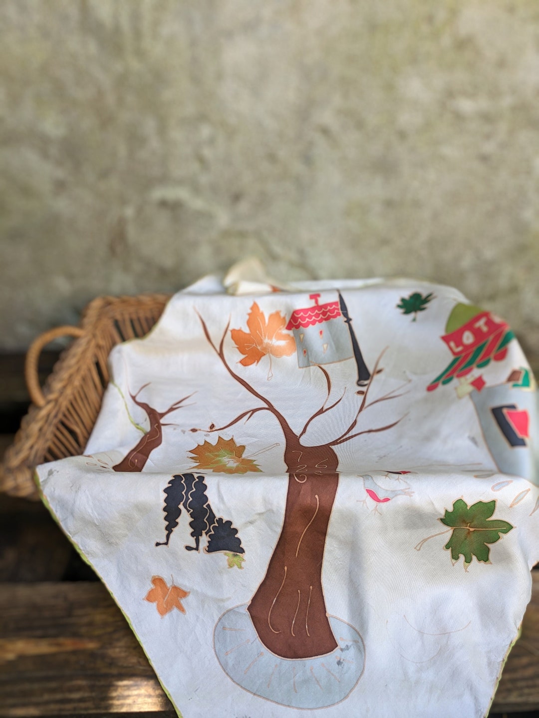 French Vintage Silk Scarf, Handpainted Handrollled Silk, Vintage ...