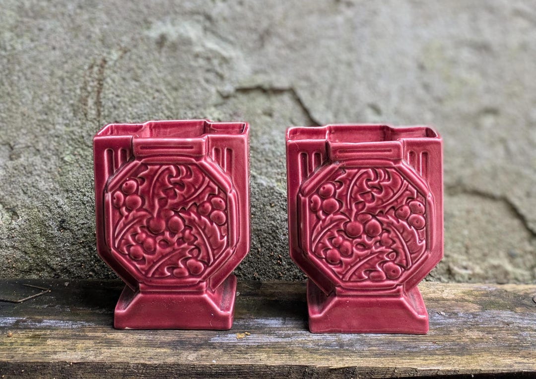 Art Deco French Ceramic Vases: Holly Leaf Motif, Vintage Mantle Decor ...