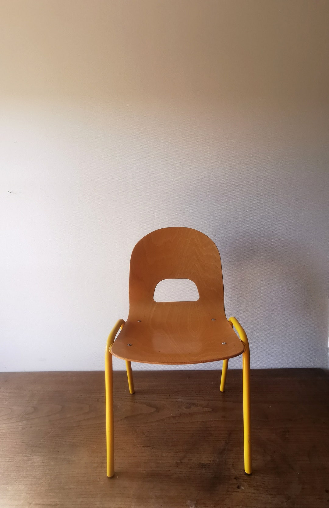 Yellow Retro Kids Chair, Vintage Children Furniture, Small Wood and ...