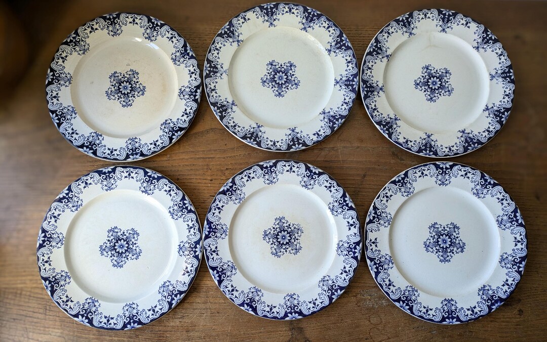 Set of 6 Antique French Plates: Blue and White Rouen Floral, J Viellard ...