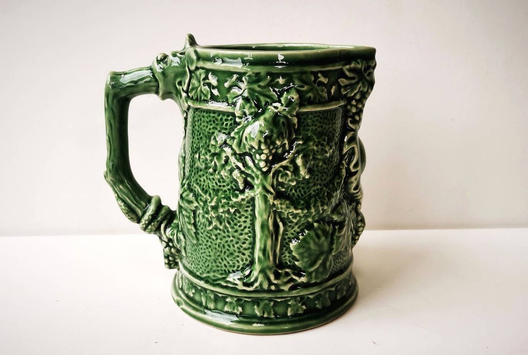 Green Vintage Majolica Jug by Bordallo Pinheiro, Rare Gargoyle Jug Witg ...