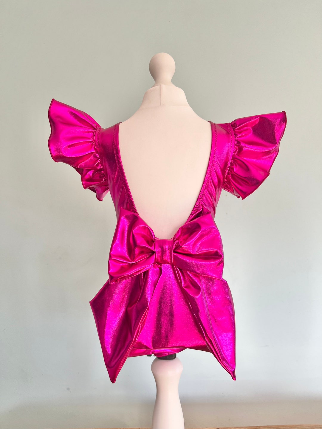 Barbie Pink Leotard, Shiny Foil Flutter Frill Sleeve Leotard Bodysuit ...