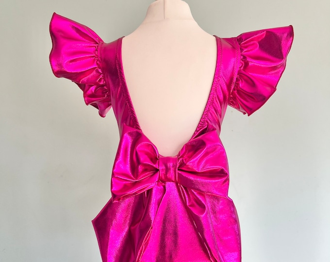 Barbie Pink Leotard, Shiny Foil Flutter Frill Sleeve Leotard Bodysuit ...