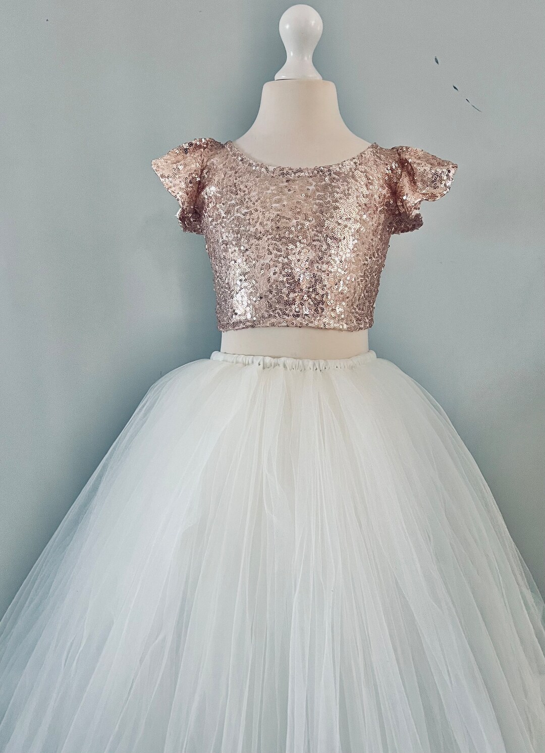 Girls Sequin Top, Rose Gold Frill Sleeve Top, Bridesmaid, Flower Girl ...