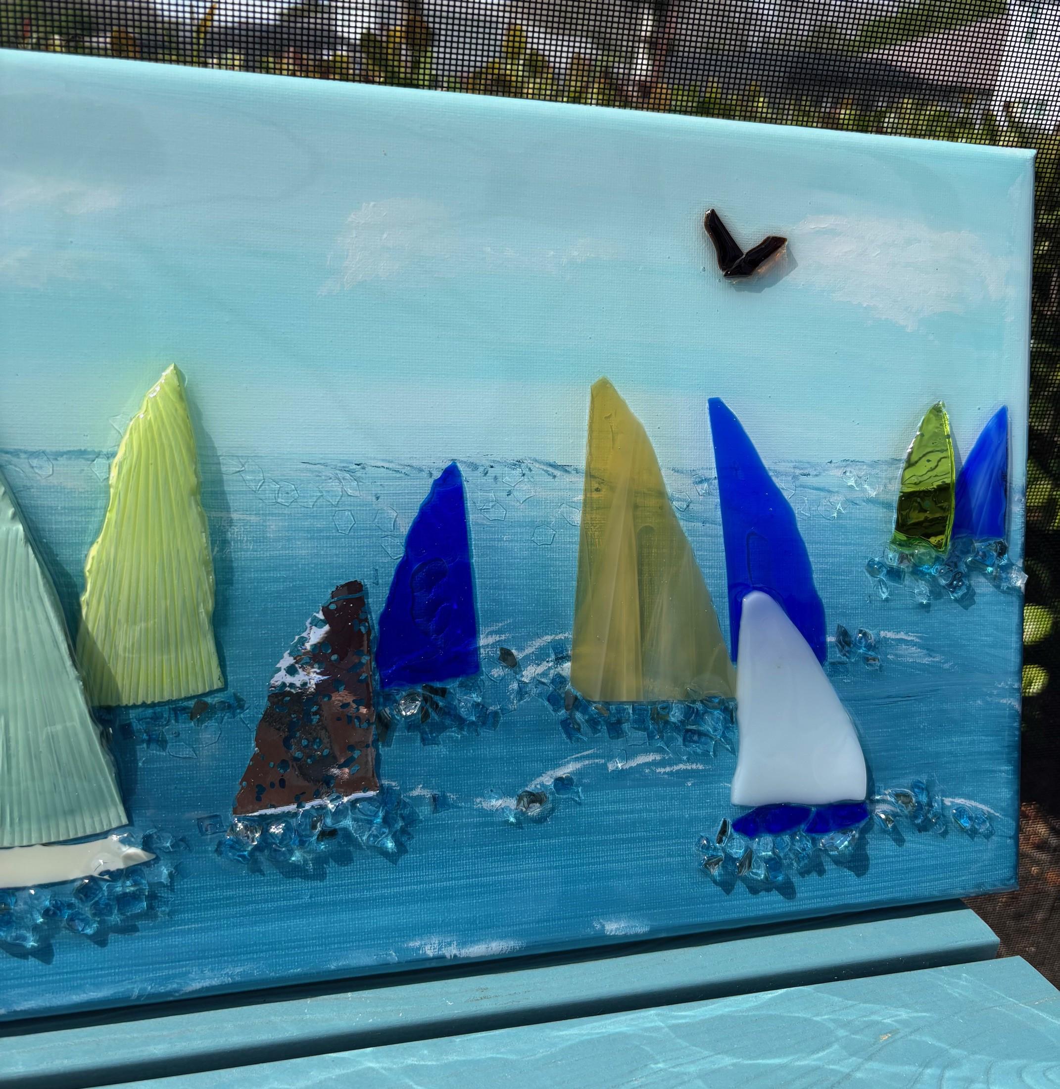 Sailboat Wall Art - 20x10 Ocean Scene With Broken Glass Sailboats ...