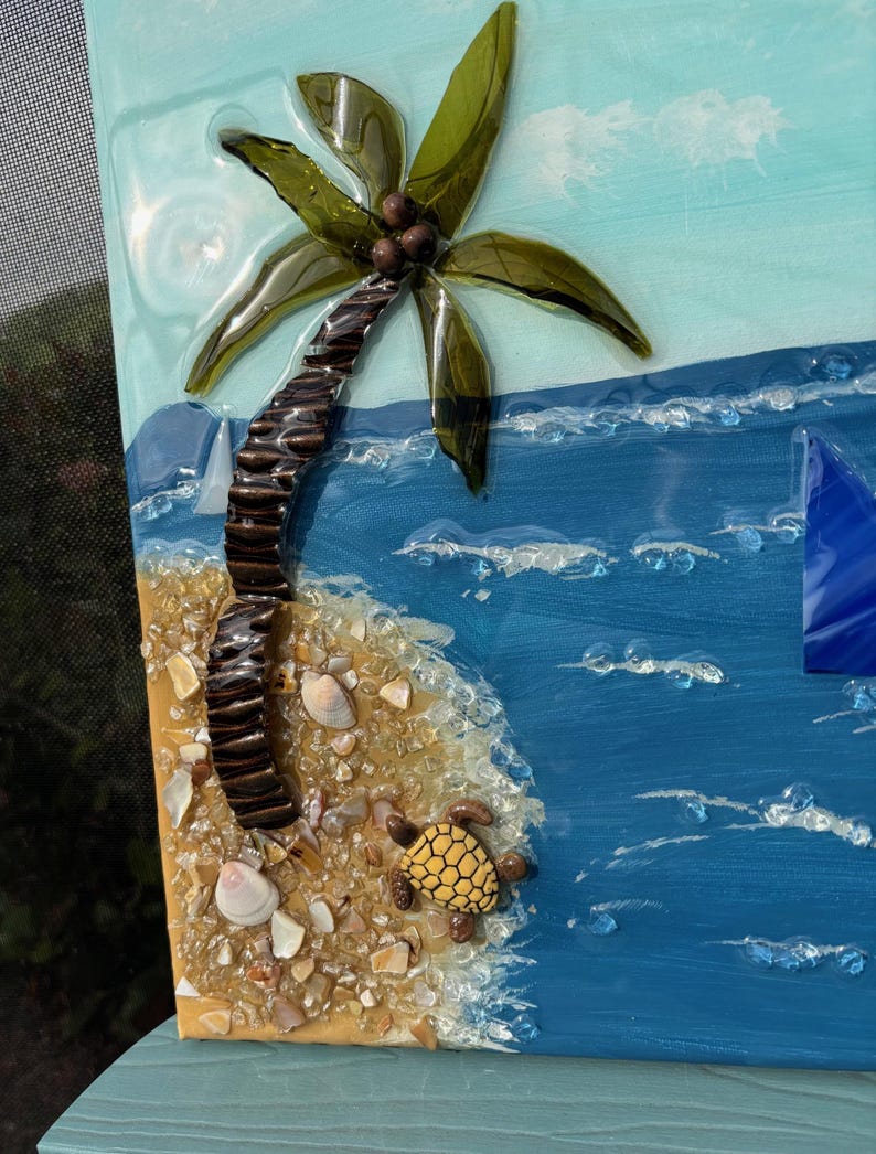 Handcrafted Beach Scene Wall Art - 11x14 Canvas With Shattered Glass ...