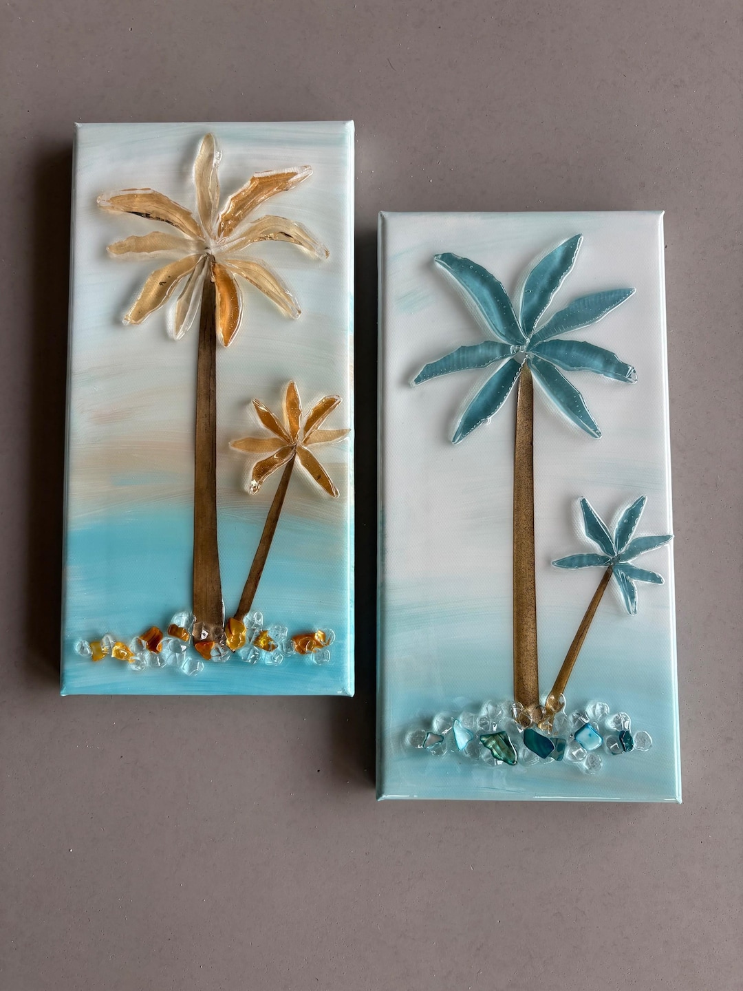 6x12 Palm Tree Glass Coastal Beach Decor | Tropical Sunset & Blue Palm ...