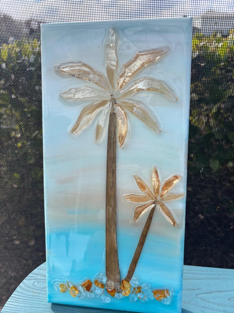 6x12 Palm Tree Glass Coastal Beach Decor | Tropical Sunset & Blue Palm ...