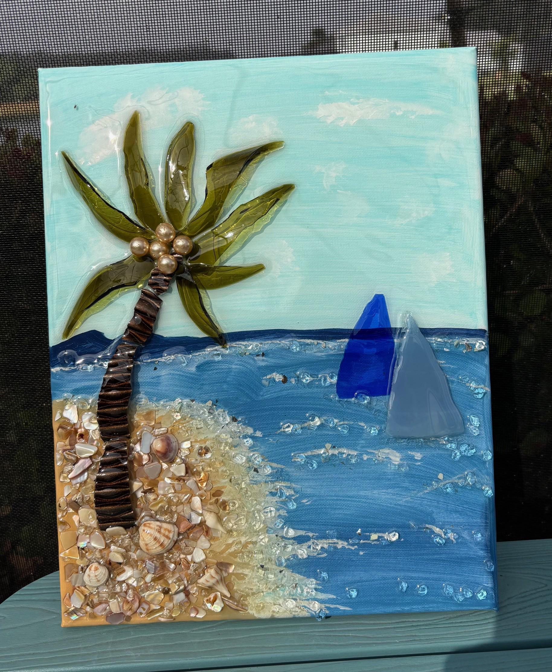 Handcrafted Beach Scene Wall Art - 11x14 Canvas With Shattered Glass ...