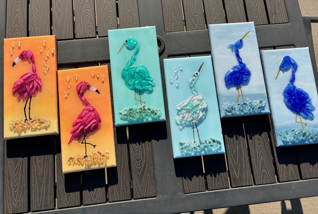Tropical Bird Glass Art Canvases, Coastal Flamingo & Tropical Birds ...