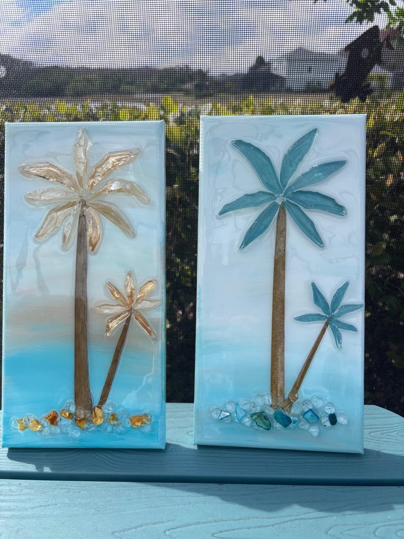 6x12 Palm Tree Glass Coastal Beach Decor | Tropical Sunset & Blue Palm ...