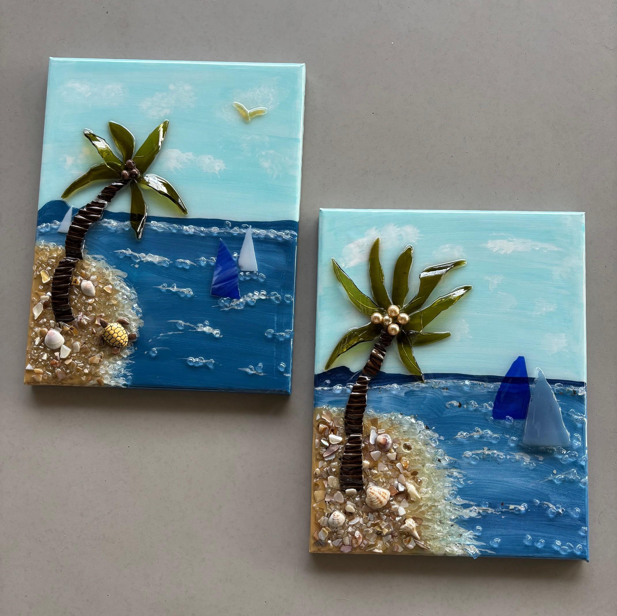 Handcrafted Beach Scene Wall Art - 11x14 Canvas With Shattered Glass ...