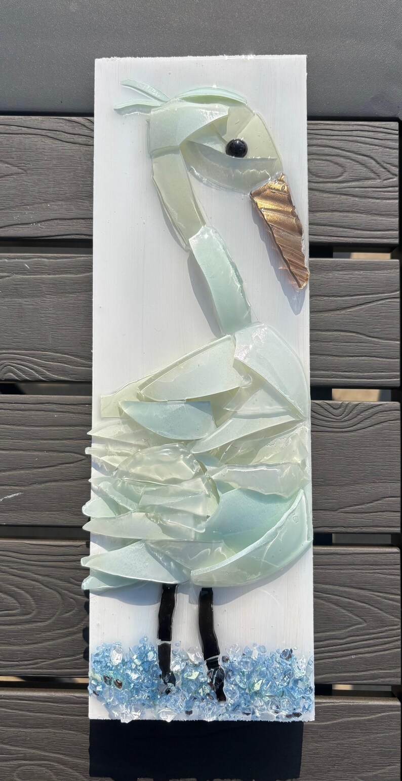 Coastal Glass Birds Trio - 4x12 Wood Canvas Art - Handcrafted Broken ...