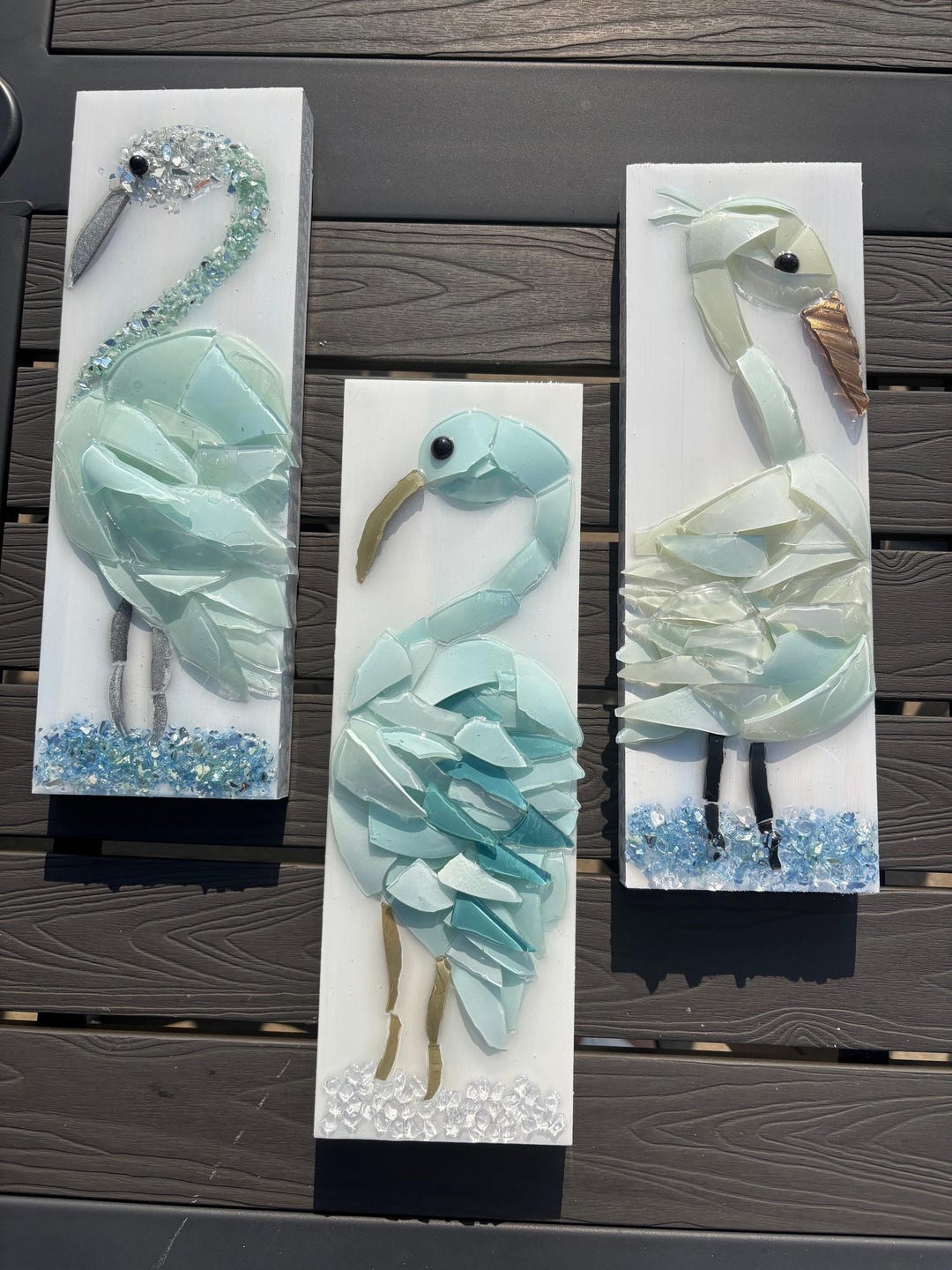 Coastal Glass Birds Trio - 4x12 Wood Canvas Art - Handcrafted Broken ...