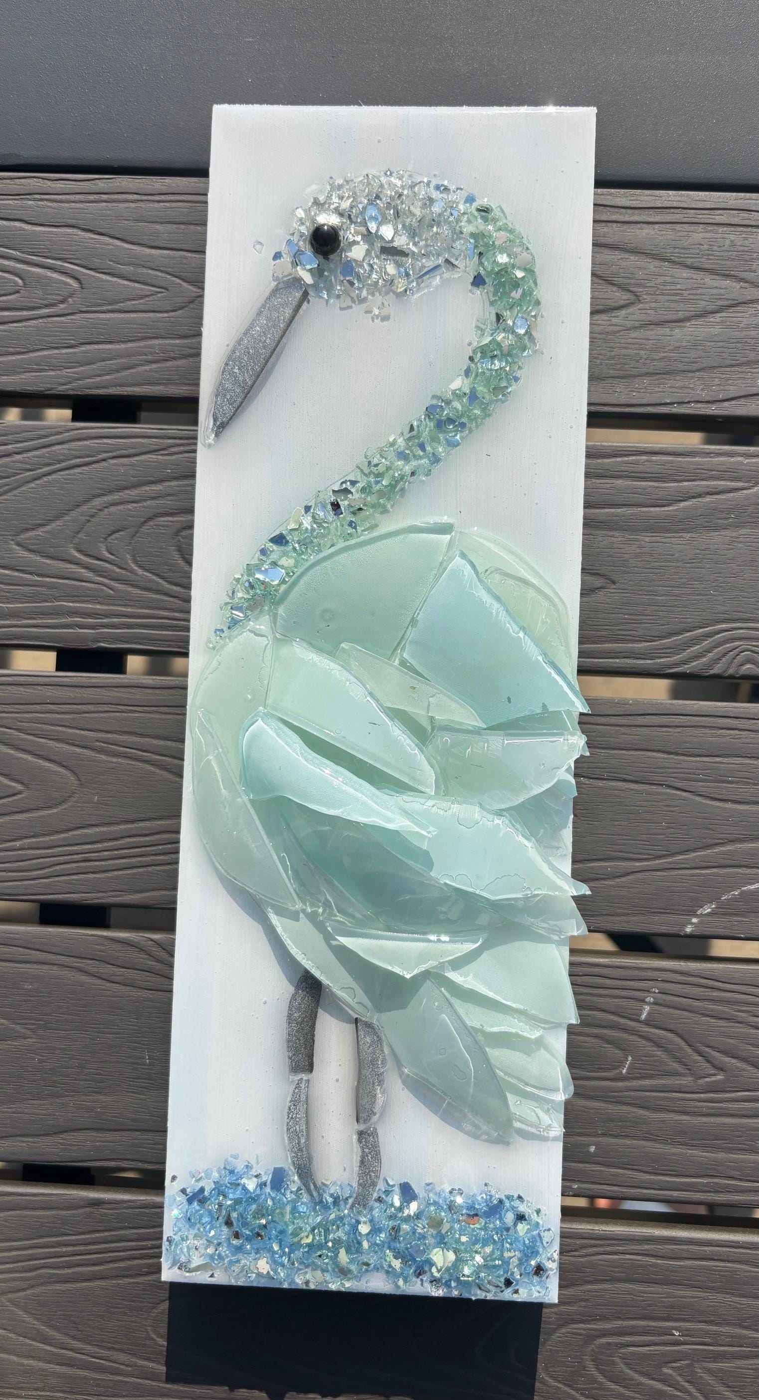 Coastal Glass Birds Trio - 4x12 Wood Canvas Art - Handcrafted Broken ...