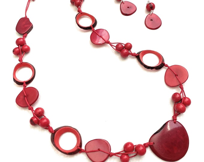 Red Statement Necklace. Tagua Nut Large Open Beads. A Light and Bold ...