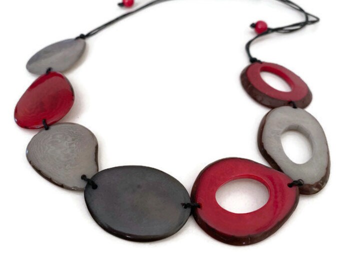 Tagua Nut Necklace in Red and Gray TAG657, Statement Vegetable Ivory ...