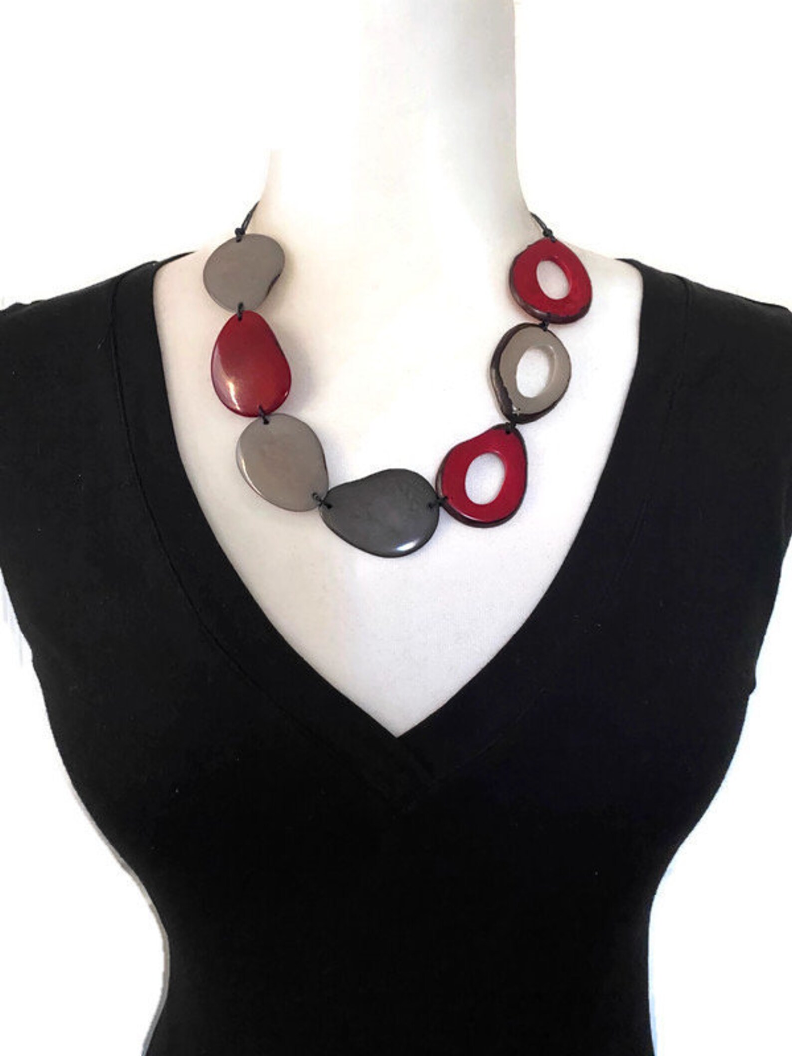 Tagua Nut Necklace in Red and Gray TAG657, Statement Vegetable Ivory ...