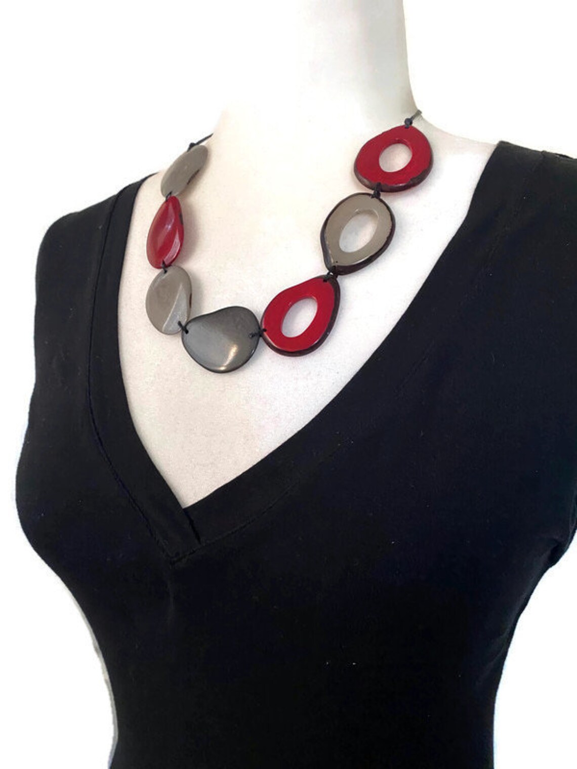 Tagua Nut Necklace in Red and Gray TAG657 Statement Vegetable | Etsy