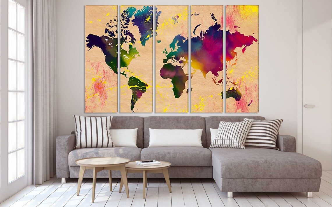 Watercolor World Map World Map Art Large Canvas Set World - Etsy