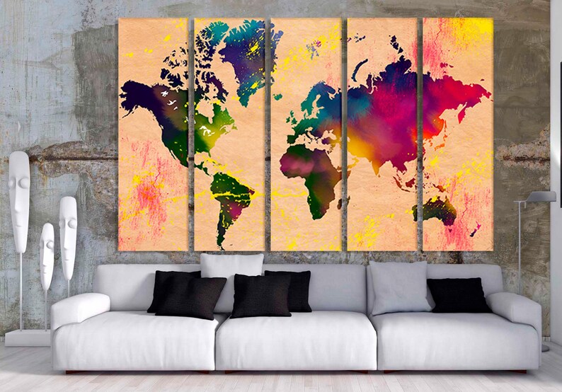 Watercolor World Map World Map Art Large Canvas Set World - Etsy