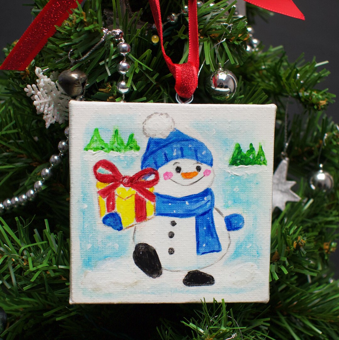 Hand-painted Snowman Christmas Tree Ornament on Canvas (3x3 Inch) - Etsy