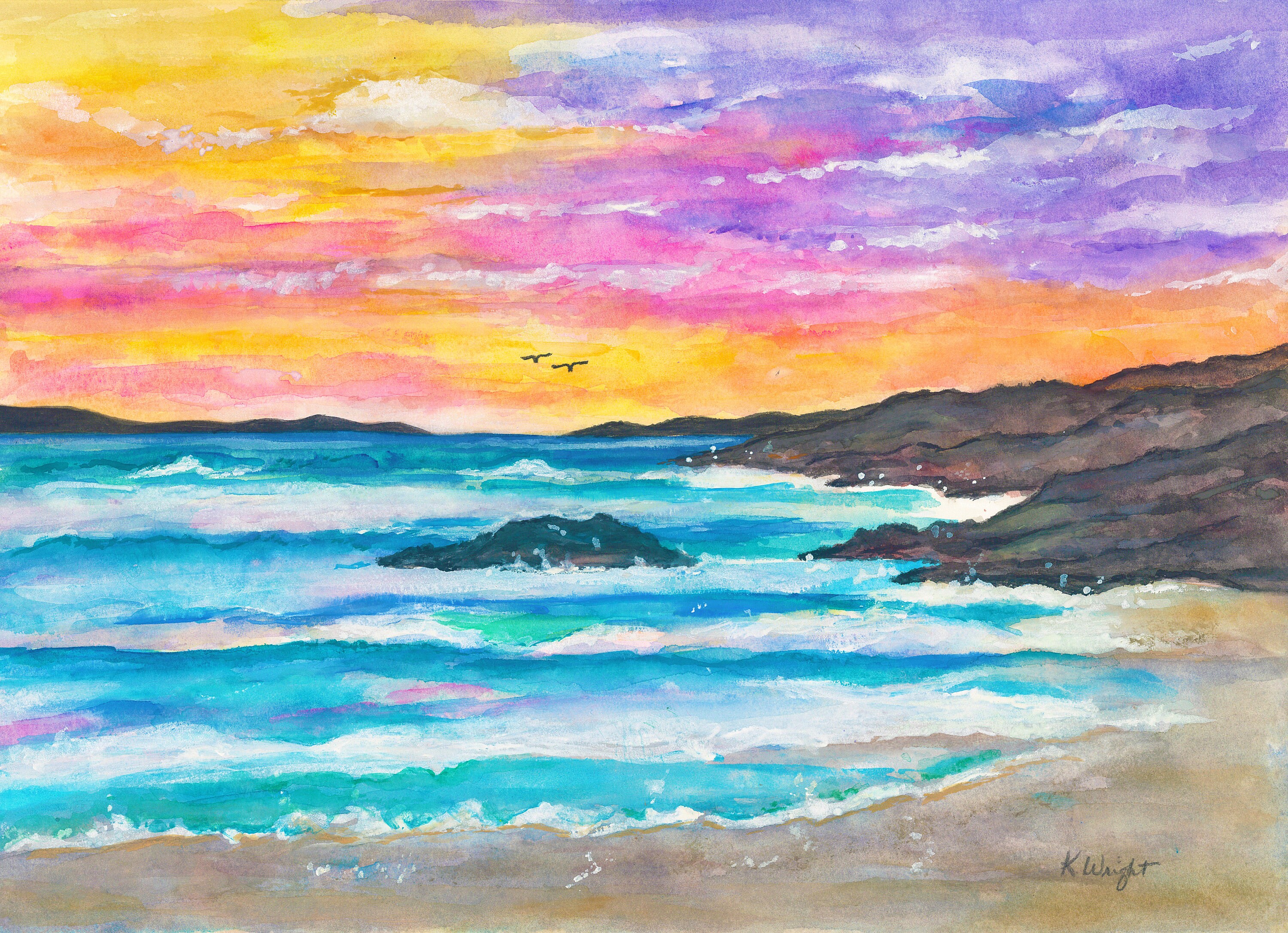 SEASCAPE AT SUNSET Watercolor Print Sunset Painting Print - Etsy