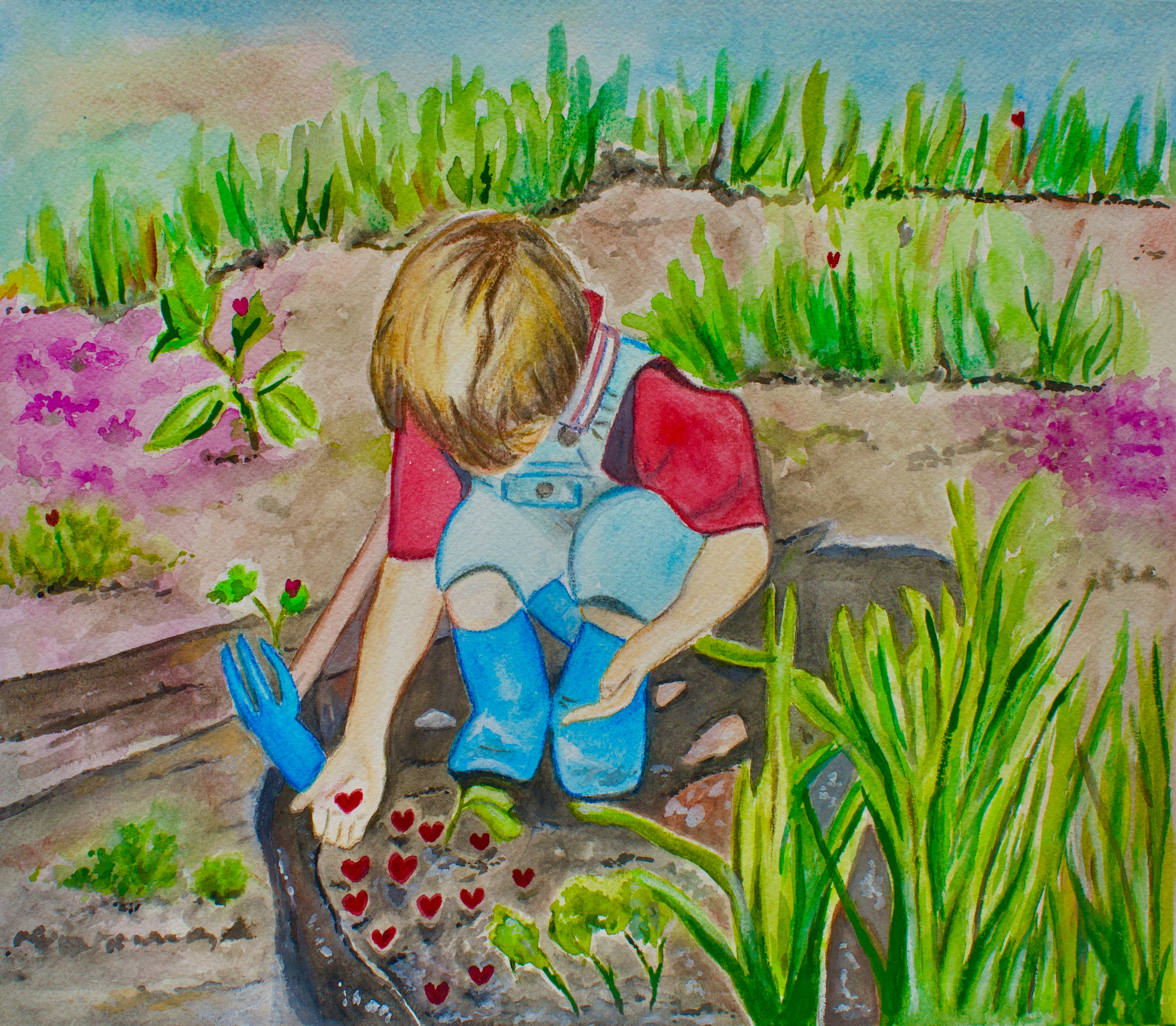 LITTLE BOY GARDENING Watercolor Art Print, 12 X 12 Child Planting in ...
