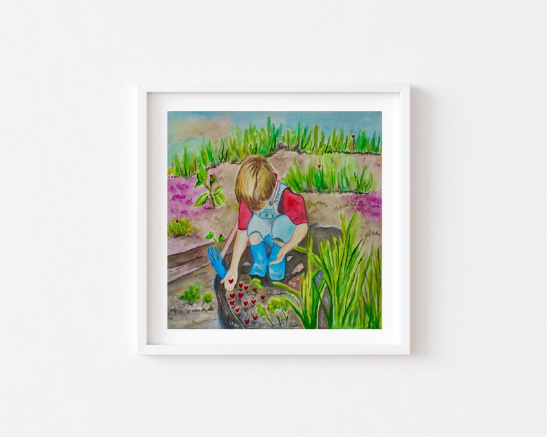 LITTLE BOY GARDENING Watercolor Art Print, 12 X 12 Child Planting in ...