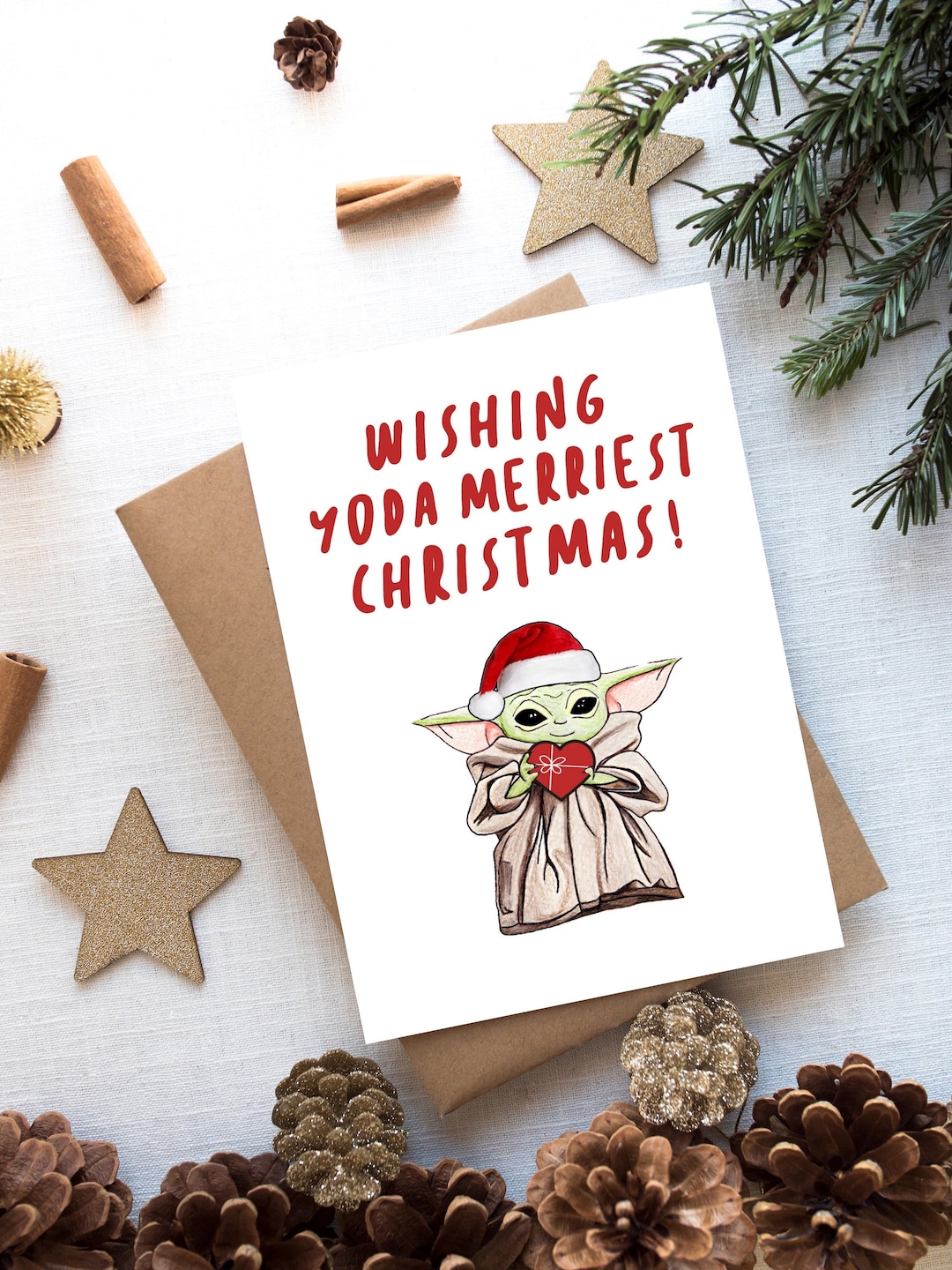 Baby Yoda Christmas Card Hand Drawn Mandalorian the Child Wishing Yoda ...
