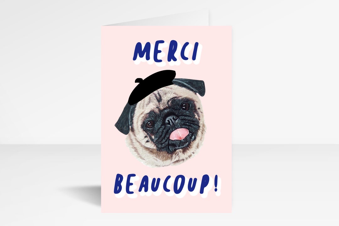 Pug Thank You Card Hand Drawn Merci Beaucoup Cute Pug Card - Etsy Denmark
