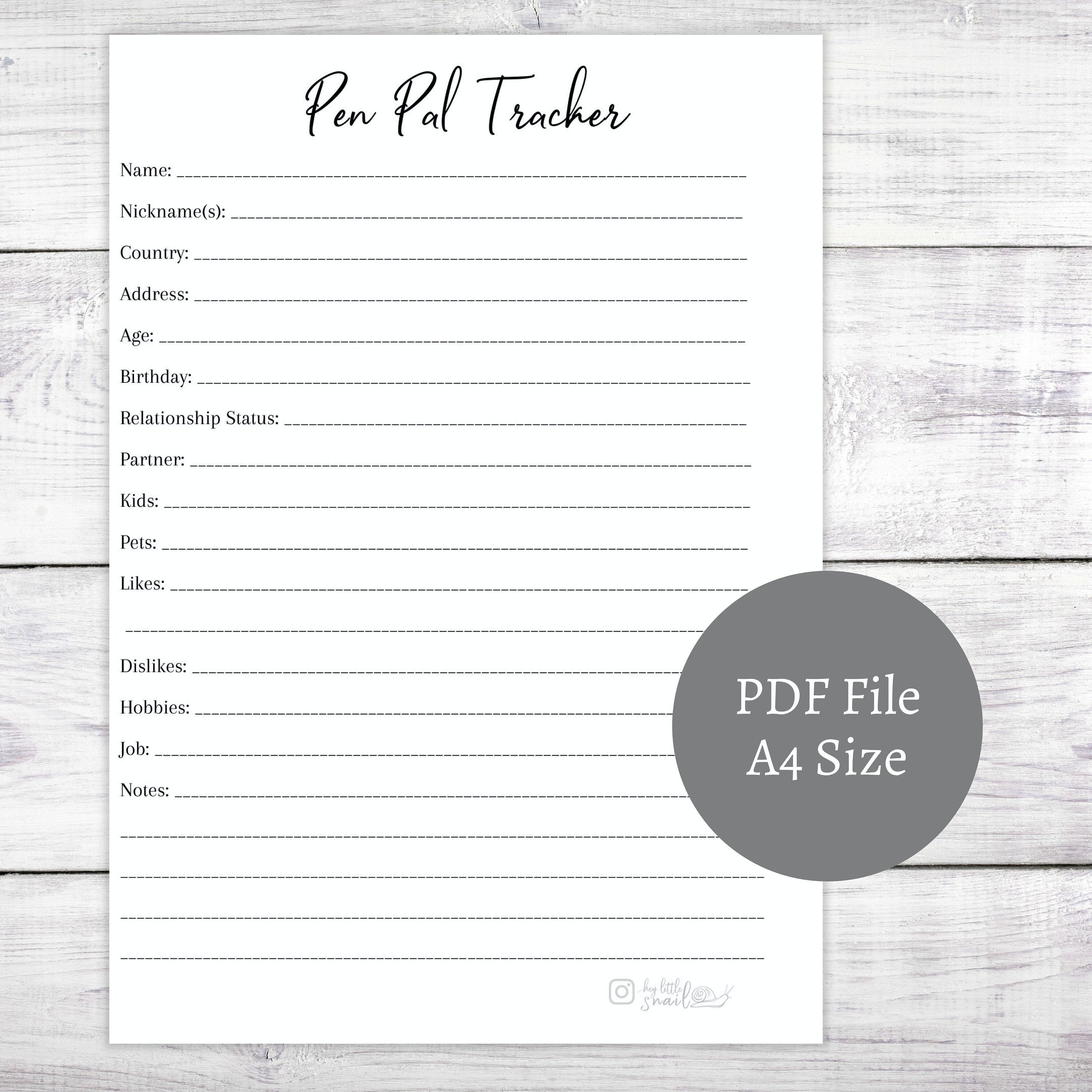 PRINTABLE Pen Pal Tracker tamaño A4 8.5x11 Snail Mail - Etsy España