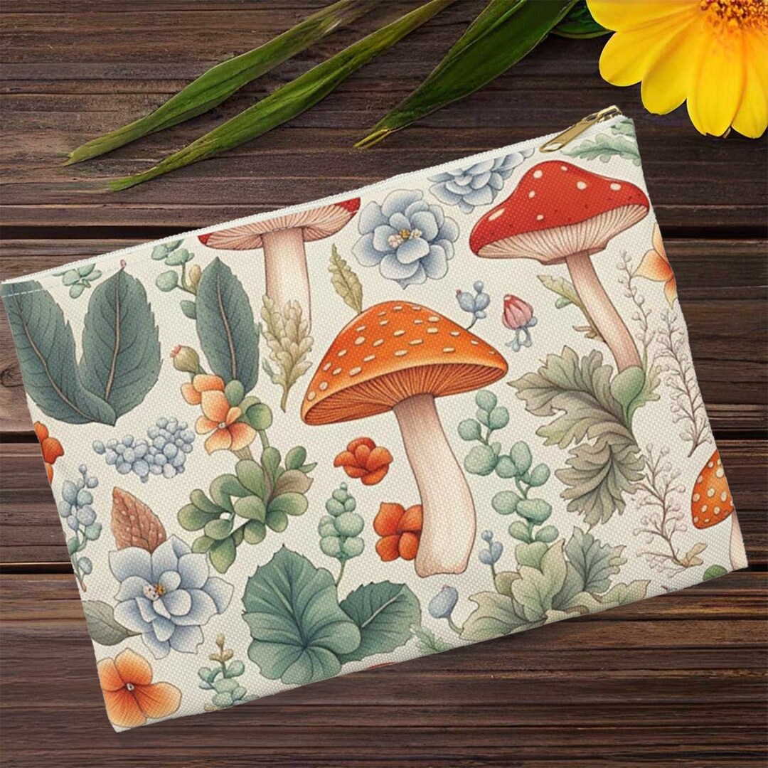 Cottagecore Accessory Pouch, Makeup Bag, Pencil Case-floral Mushrooms ...
