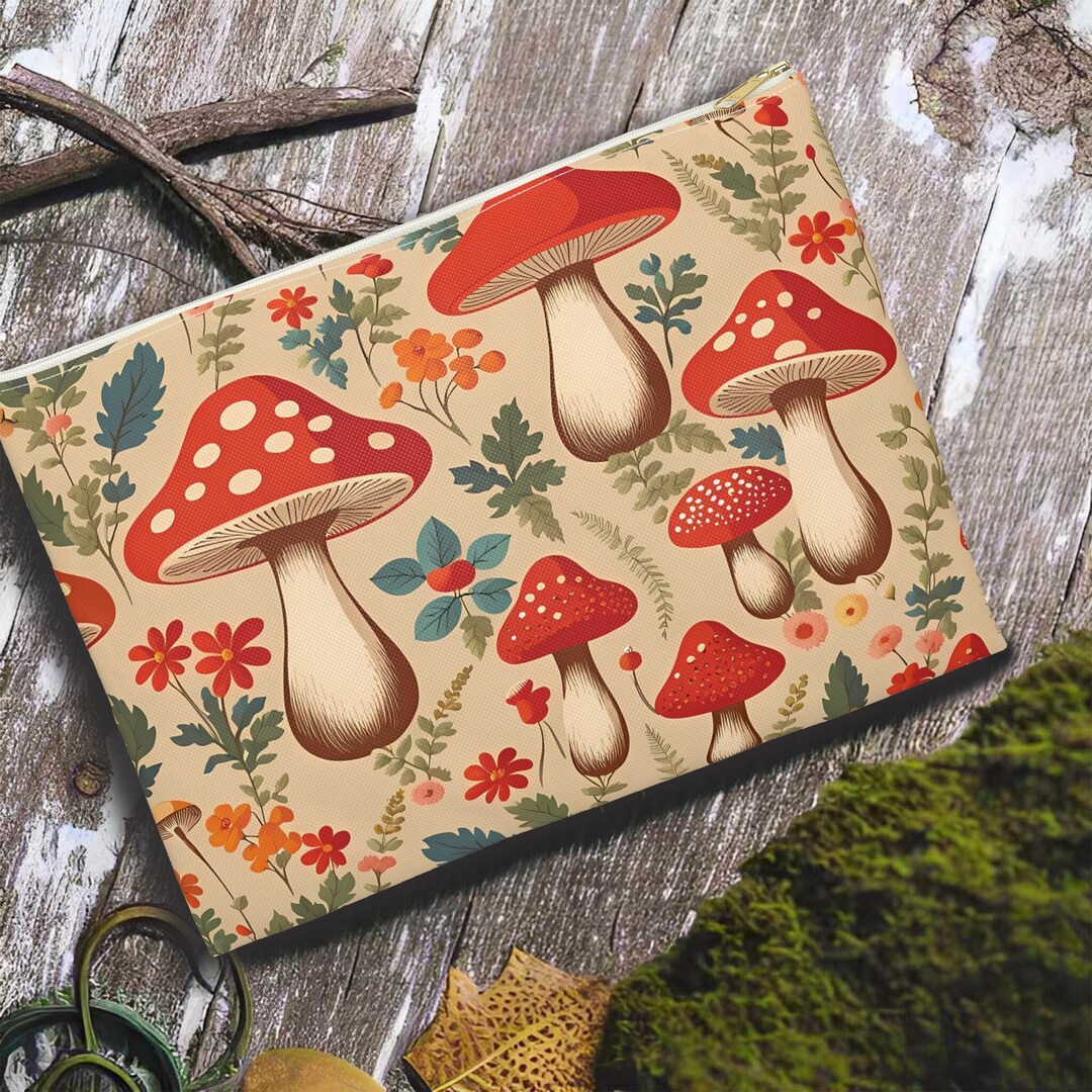 Cottagecore Accessory Pouch, Makeup Bag, Pencil Case-floral Mushrooms ...
