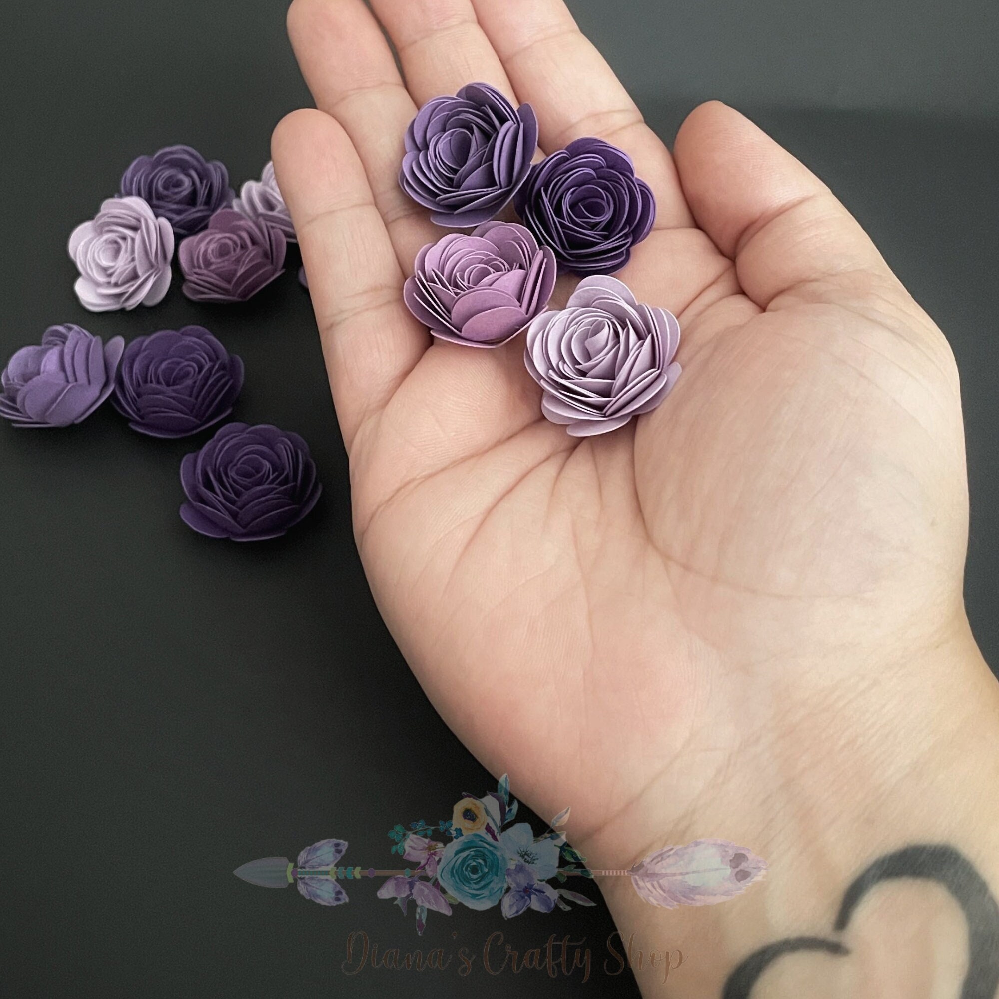 Purple Passion Set 1 Tiny Paper Roses 3d Flowers Embellishments Scrapbooking Bridal Shower