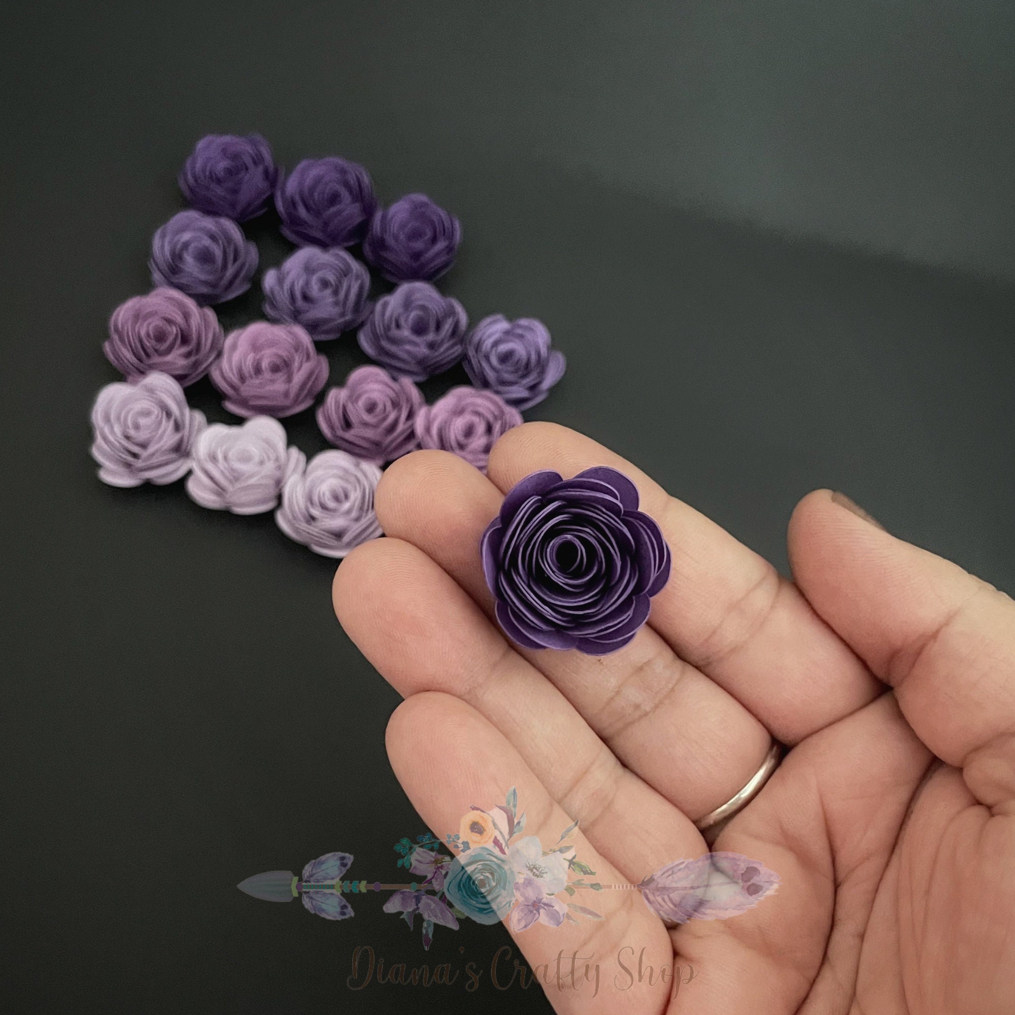 Purple Passion Set 1 Tiny Paper Roses 3d Flowers Embellishments Scrapbooking Bridal Shower