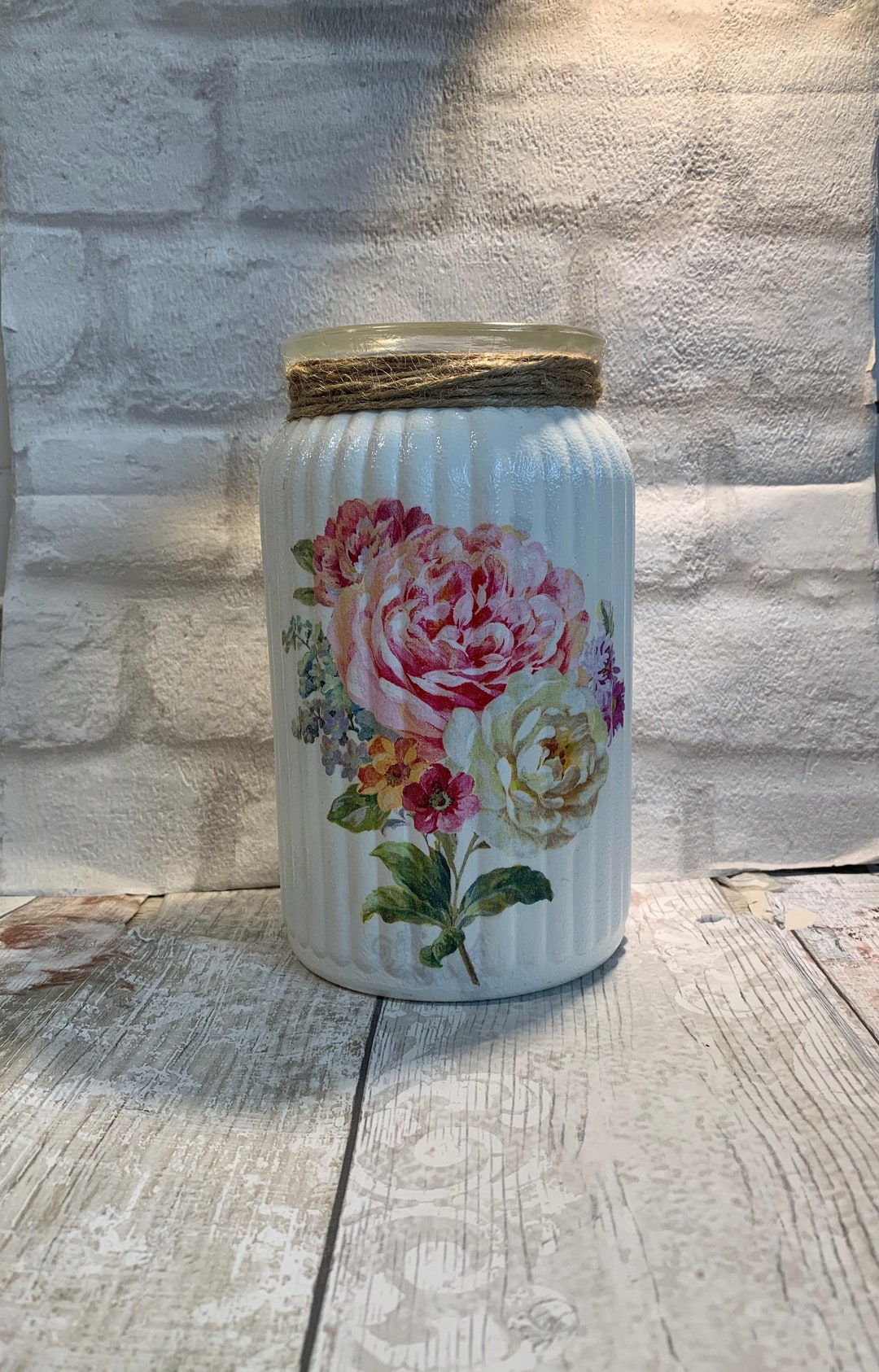 Free P&P Large Glass Ribbed Vase Hand Painted and Decoupaged Rose 18cm ...