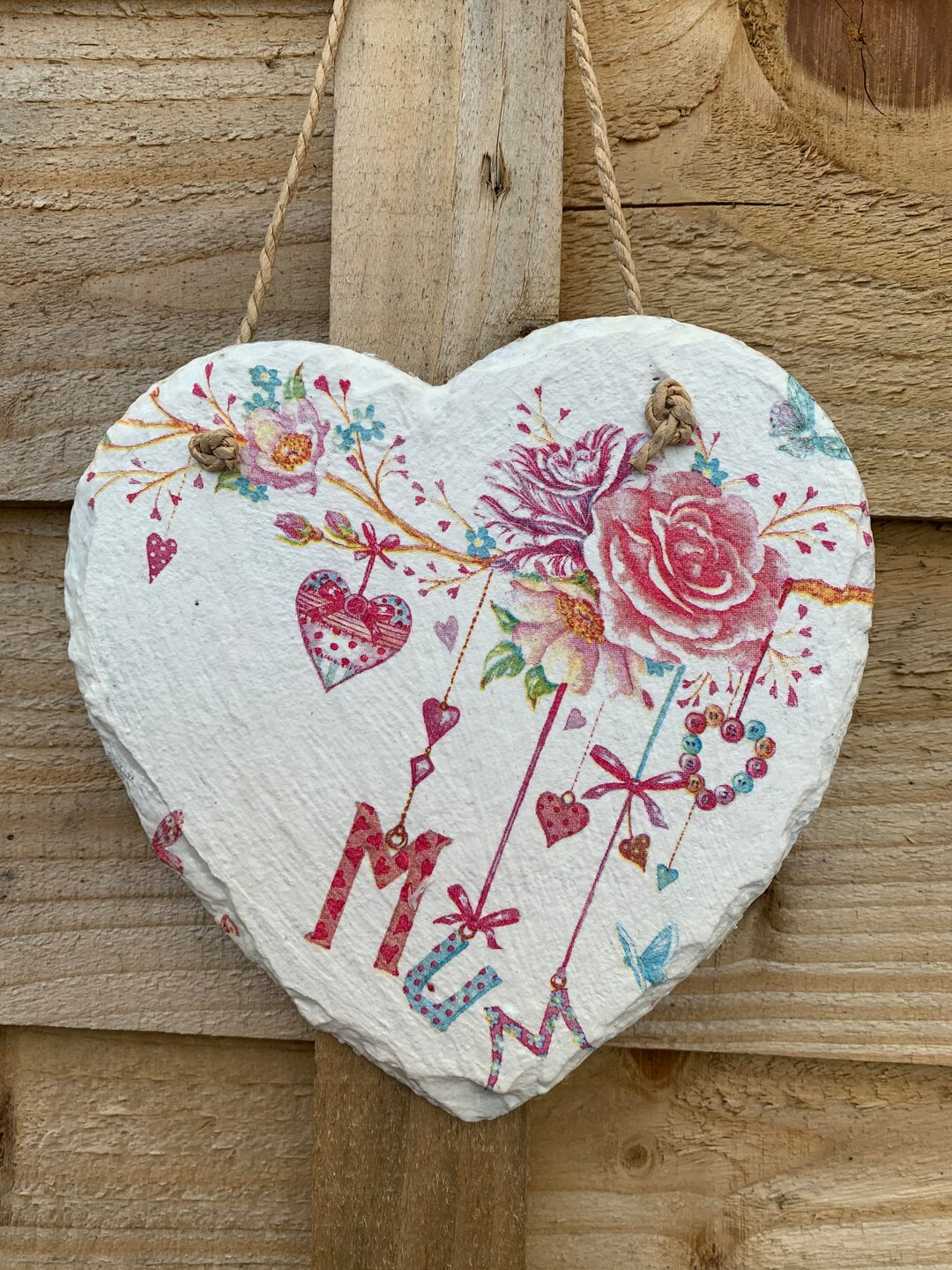 Free P&P 15cm Slate Heart Hand Painted and Decoupaged With MUM’ Design ...