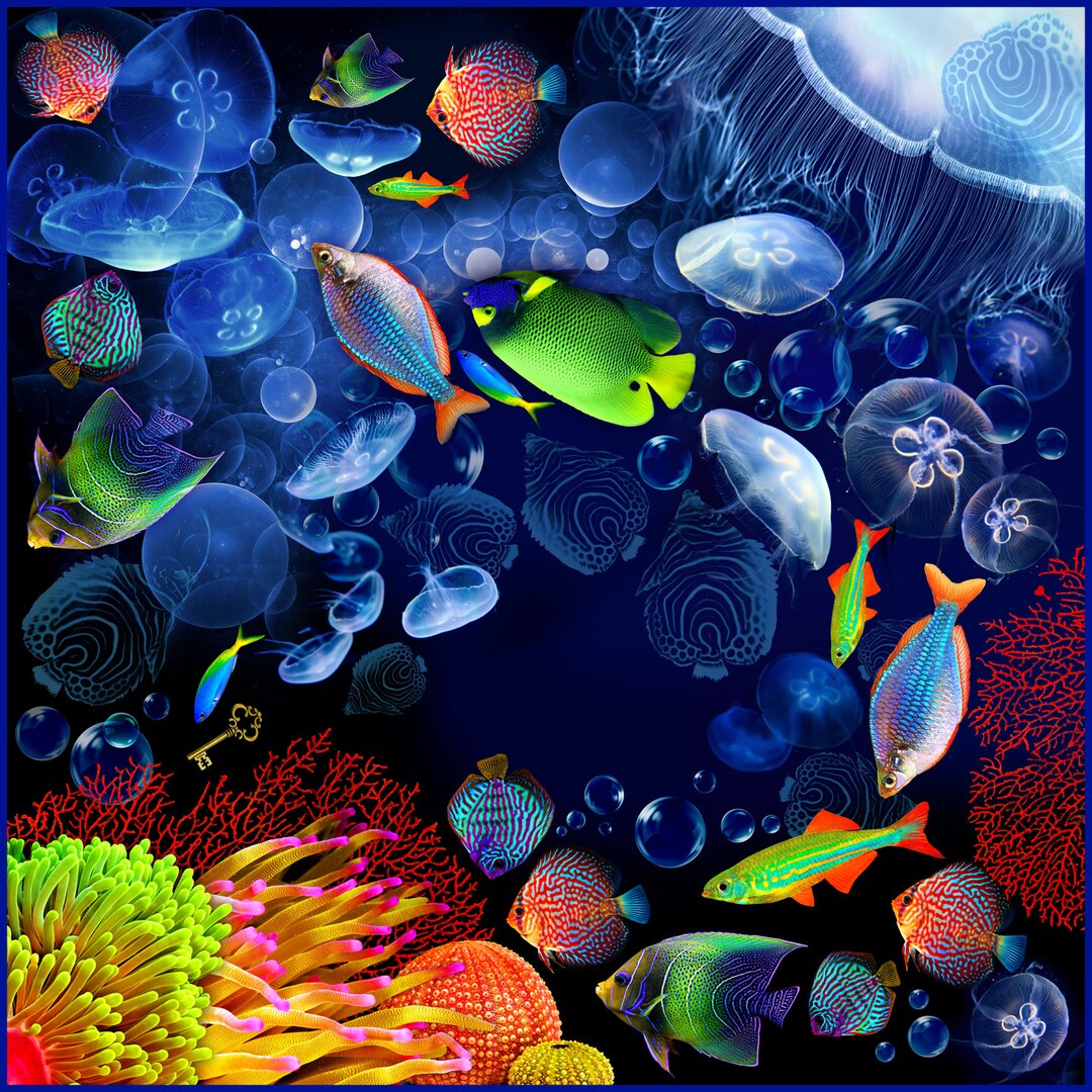Coral Reef Silk Scarf – 36x36" Ocean Scarf With Angel Fish & Jellyfish ...