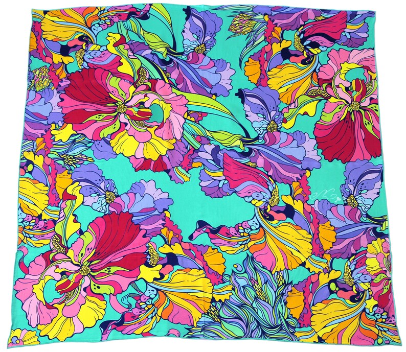 100% Silk Square Scarf Floral Wrap iris Turquoise, Teal Printed Women's ...